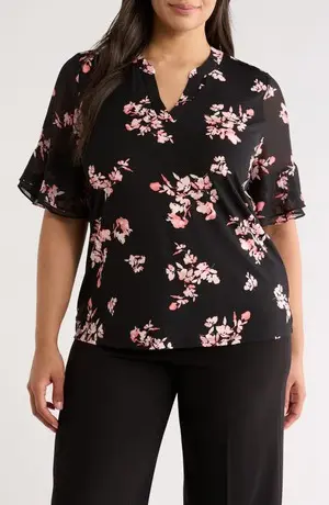 Anne Klein Floral Ruffle Sleeve Top