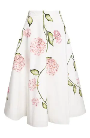 Oscar De La Renta Porcelain Flowers Stretch Cotton Poplin A-line Midi Skirt - Pink/white