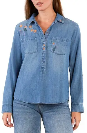 BILLY T Floral & Flawless Embroidered Shirt - Denim