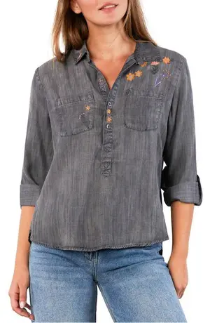 BILLY T Floral & Flawless Embroidered Shirt - Smoked Pearl
