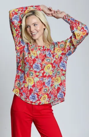 APNY Floral Smock Cuff Top - Red Multi