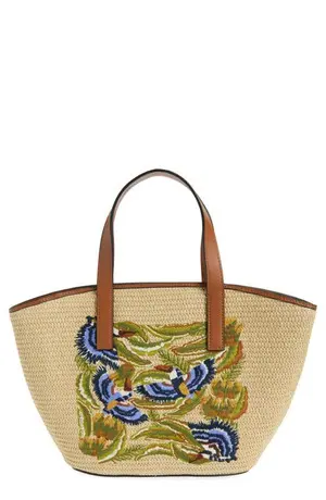 Farm Rio Small Embroidered Raffia Basket Tote - Sunny Paradise Embroidery