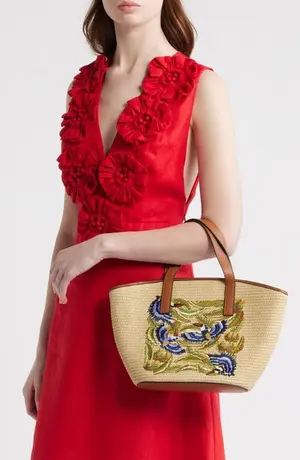 Farm Rio Small Embroidered Raffia Basket Tote - Sunny Paradise Embroidery
