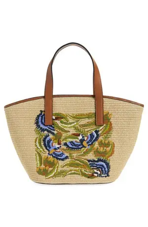Farm Rio Small Embroidered Raffia Basket Tote - Sunny Paradise Embroidery