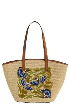 Farm Rio Large Embroidered Raffia Basket Tote - Sunny Paradise Embroidery