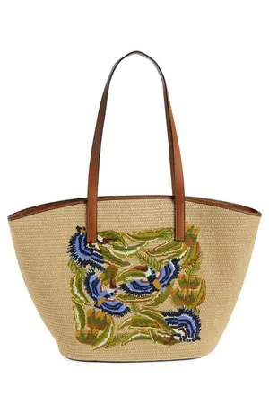 Farm Rio Large Embroidered Raffia Basket Tote - Sunny Paradise Embroidery