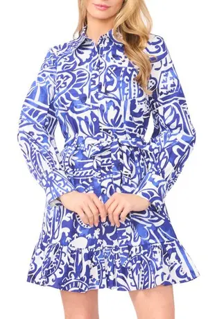 CECE DUPRAZ Abstract Print Cotton Mini Shirtdress - White/blue