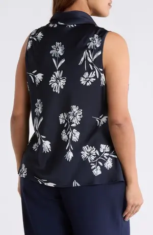 TAHARI ASL Floral Tie Neck Sleeveless Satin Top - Navy Ivory