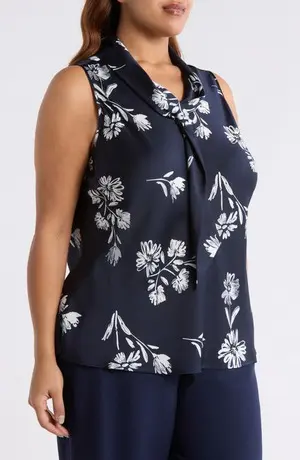 TAHARI ASL Floral Tie Neck Sleeveless Satin Top - Navy Ivory