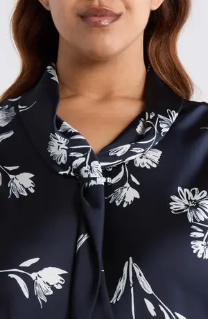 TAHARI ASL Floral Tie Neck Sleeveless Satin Top - Navy Ivory