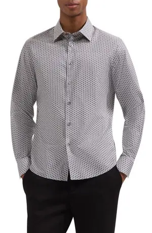 Bugatchi Julian Shaped Fit Geometric Pinwheel Print Stretch Cotton Button-up Shirt - White