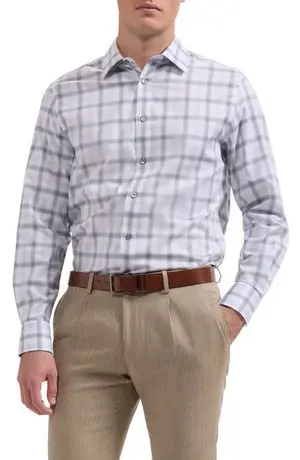 Bugatchi Julian Shaped Fit Check Stretch Cotton Button-up Shirt - Platinum