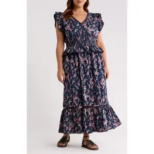 Treasure & Bond Floral Flutter Sleeve Peplum Maxi Dress - Navy Lilibet Floral