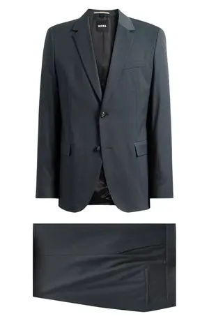 BOSS Houston Slim Fit Dark Green Wool Suit - Open Grn