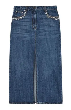 OTTOD'AME Denim Midi Skirt With Jewel Embellishments