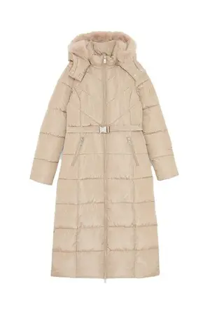 OTTOD'AME Quilted Puffer Long Jacket With Belt - Stone