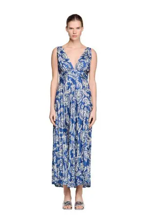 Sandro Floral Print Maxi Dress Blue/ecru
