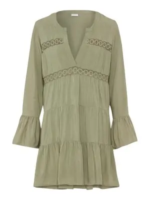 LASCANA Flowy Flared Sleeve Dress With Lace Inserts - Olive