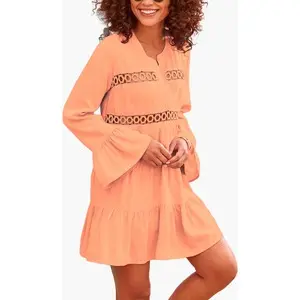 LASCANA Flared Sleeve Lace Dress - Peach
