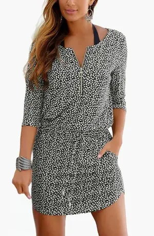 LASCANA Zip Detail Printed Dress - Black Printed