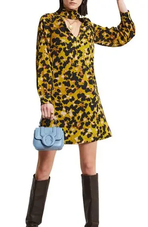 OTTOD'AME Printed Viscose Short Dress With Scarf Neck - Yellow