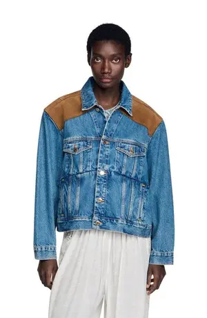 Sandro Denim And Suede Oversized Jacket - Light Bu Jean