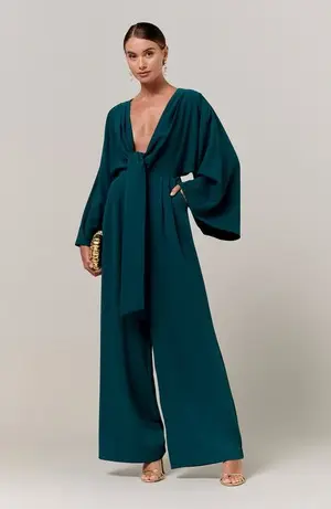 SAVEL Wide-leg Plunge Neckline Jumpsuit - Teal