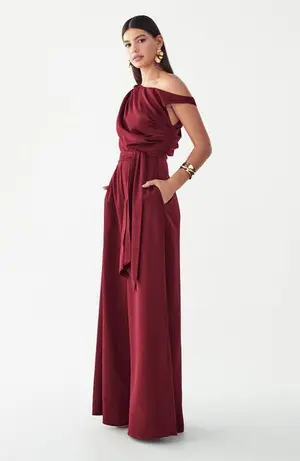 WILLA Asymmetrical Draped Wide-leg Jumpsuit - Burgundy