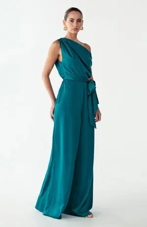WILLA Asymmetrical Draped Wide-leg Jumpsuit