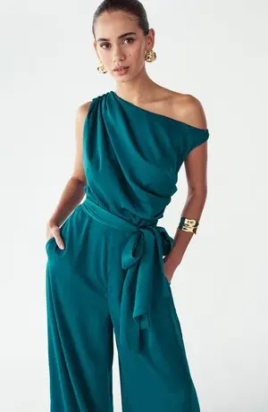 WILLA Asymmetrical Draped Wide-leg Jumpsuit