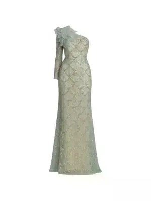 Mac Duggal Flower-embellished One-shoulder Maxi Dress - Neutrals