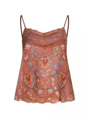 Farm Rio Floral Print Lace Tank Top - Brown