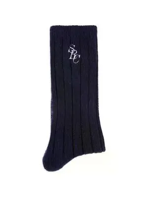 SPORTY & RICH Ribbed Embroidered-logo Socks - Blue