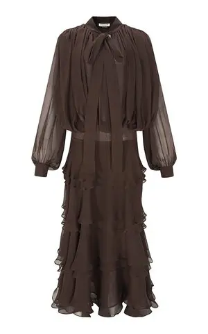 JULYCOLUMN Opera Silk Tie Maxi Dress - Brown