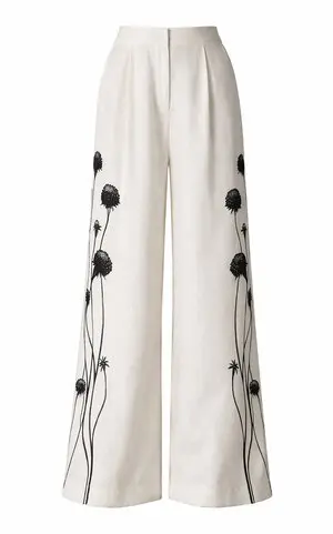 ANDRES OTALORA Linen Wide-leg Pants With Floral Embroidery - Print