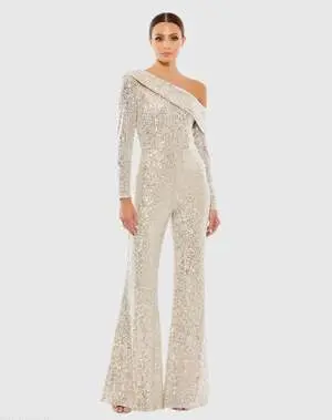 Mac Duggal Sequin Embellished Jumpsuit With Drop Shoulder - Nude Silver