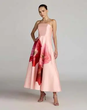 Mac Duggal Strapless A-line Midi Dress With Floral Print - Blush Multi