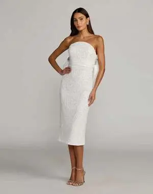 Mac Duggal Strapless Beaded Lace Midi Dress With Bow