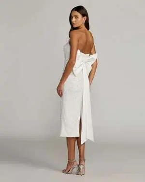 Mac Duggal Strapless Beaded Lace Midi Dress With Bow