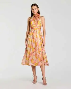 Mac Duggal Floral Halterneck Midi Dress With 3d Flower - Yellow Multi