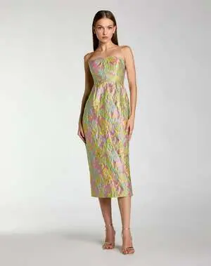 Mac Duggal Strapless Floral Brocade Midi Dress - Blush Multi