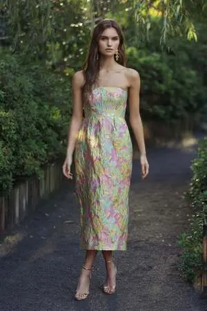 Mac Duggal Strapless Floral Brocade Midi Dress - Blush Multi