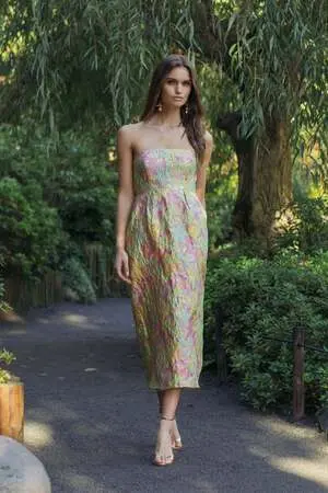 Mac Duggal Strapless Floral Brocade Midi Dress - Blush Multi