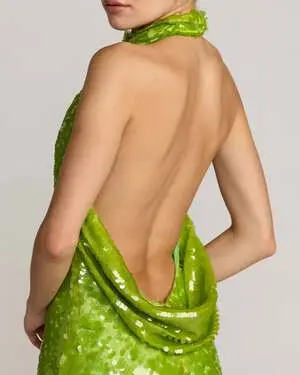Mac Duggal Sequin Halter Neck Open Back Gown - Green