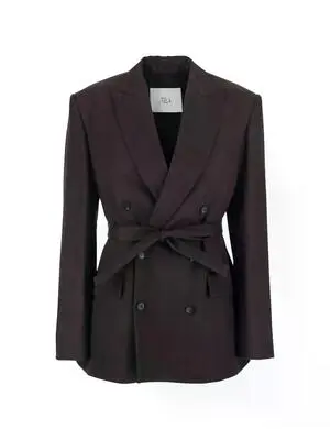 TELA Double-breasted Belted Blazer - Brown