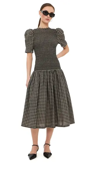 TANNER FLETCHER Imelda Smocked Midi Dress - Black Plaid