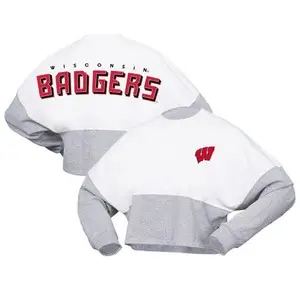 SPIRIT JERSEY Wisconsin Badgers Heather Block Cropped Long Sleeve Jersey T-shirt - White