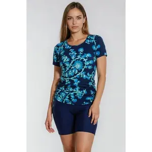 CALYPSA Short Sleeve Swim Top And Mid-thigh Swim Shorts Set - Barbados Blue