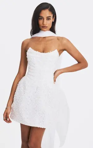 MISS CIRCLE Tressa Beaded Mesh Strapless Mini Dress