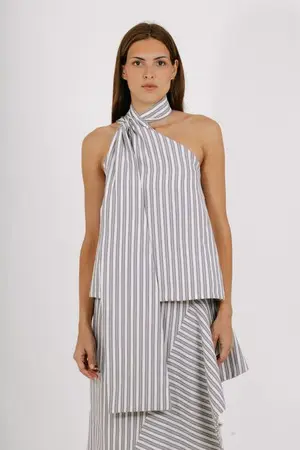VALENTINA GORDON Asymmetrical Striped Cotton Top - Gray Stripes